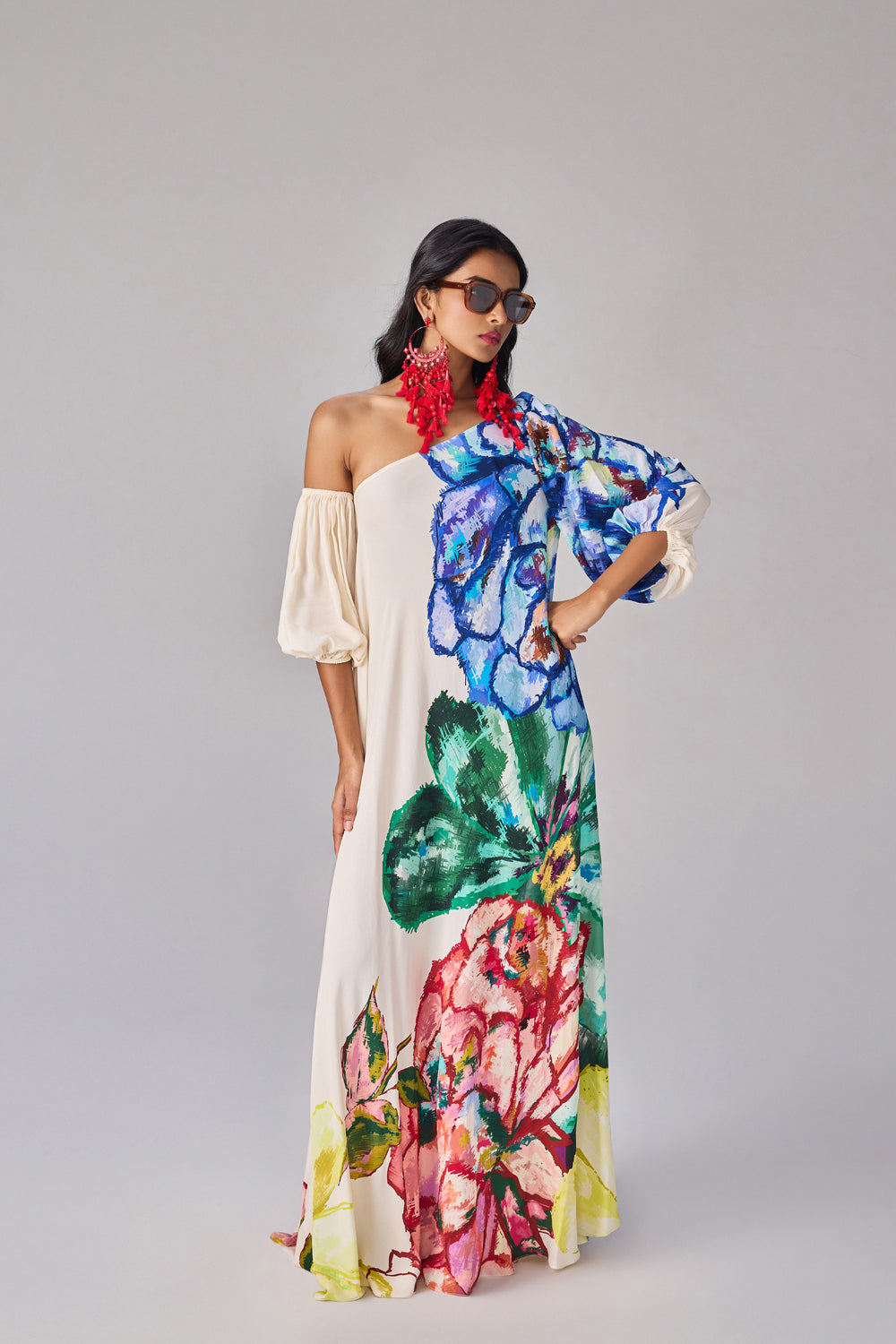 Ivory Floral One Shoulder Flared Maxi Dress – FUELTHESTORE